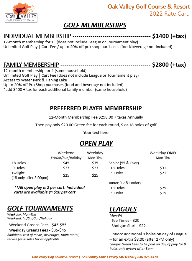 Memberships - Oak Valley Golf Course and Resort